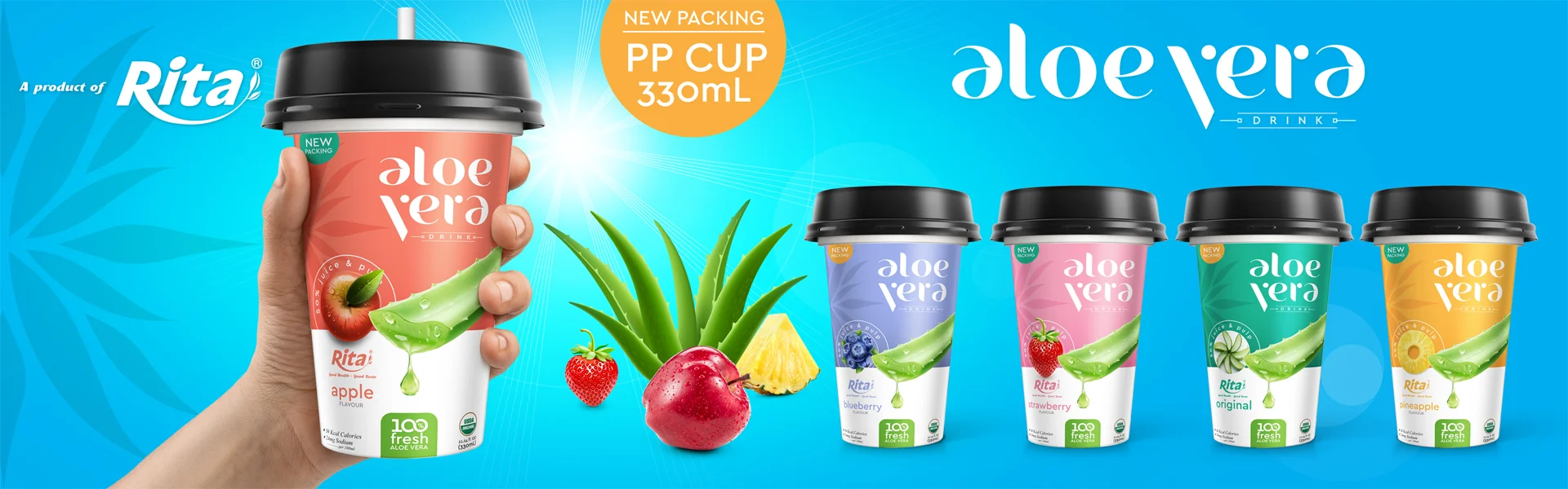 Fruit Juice: PP cup 330ml aloe vera with strawberry
