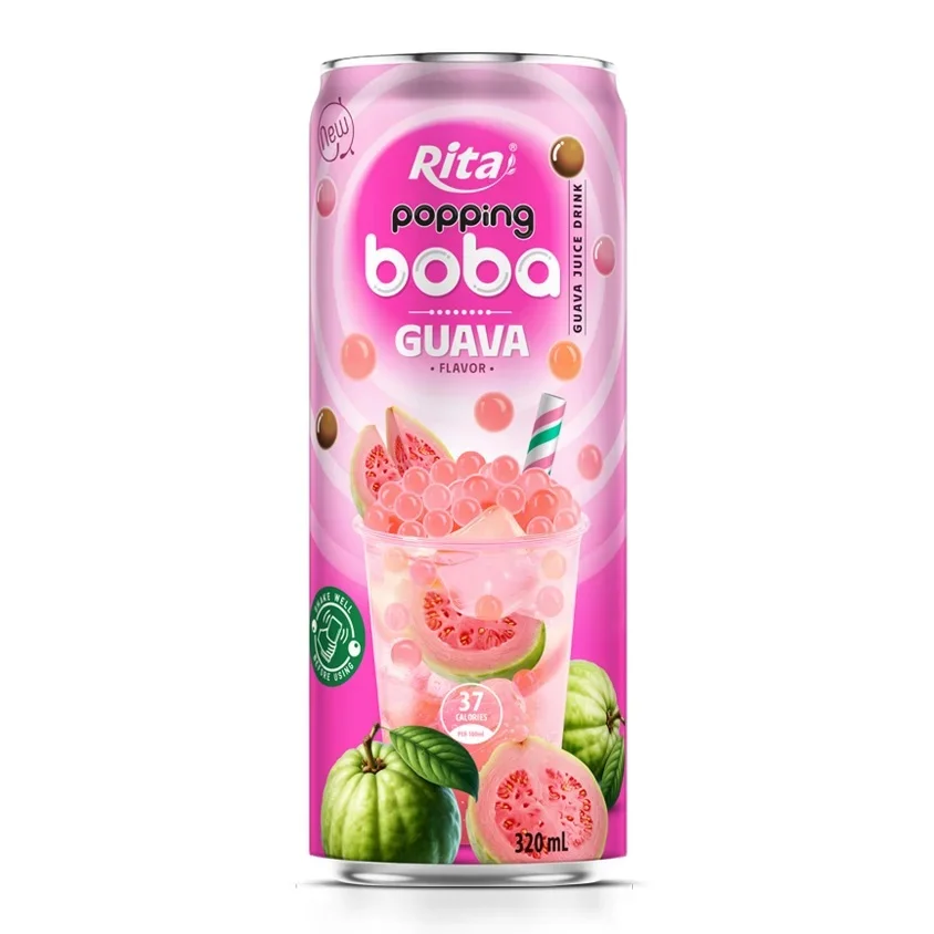 Tea Drink: Supplier Popping Boba Tea Guava Flavor 320ml Slim Can